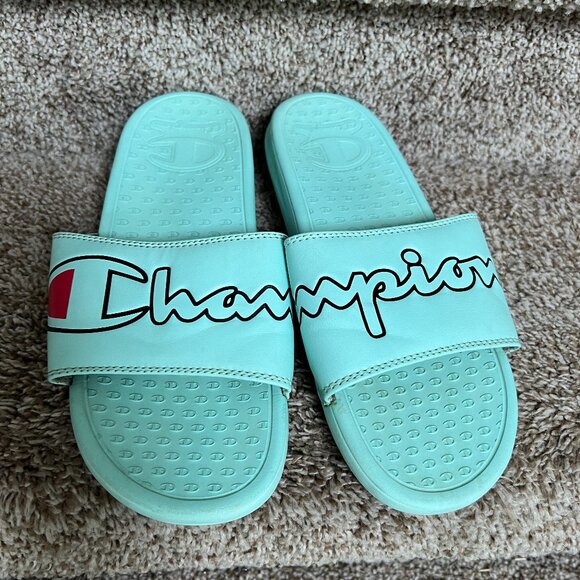 Champion | Shoes | Champion Mens Logo Aqua Pu Slides | Poshmark